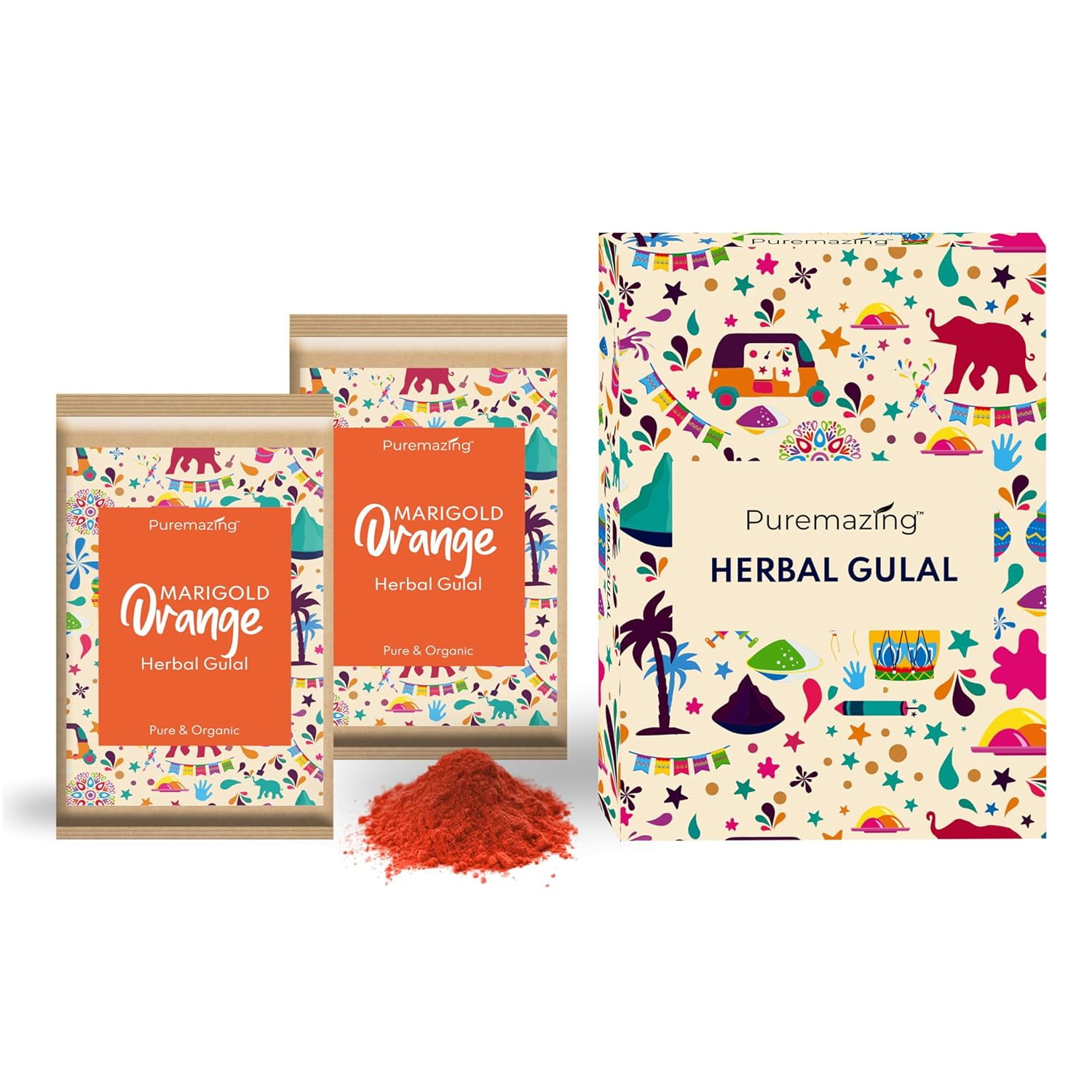 Pure & Organic Marigold Orange Herbal Gulal Holi Color - Pack Of 2 X ...