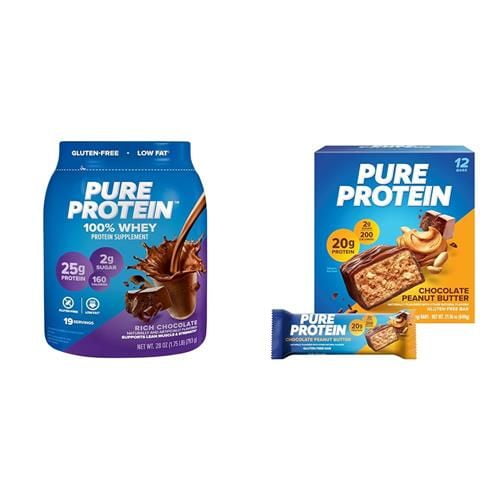 Pure Protein Whey Protein Powder 25G Protein 1.75Lb + Protein Bars 20G ...