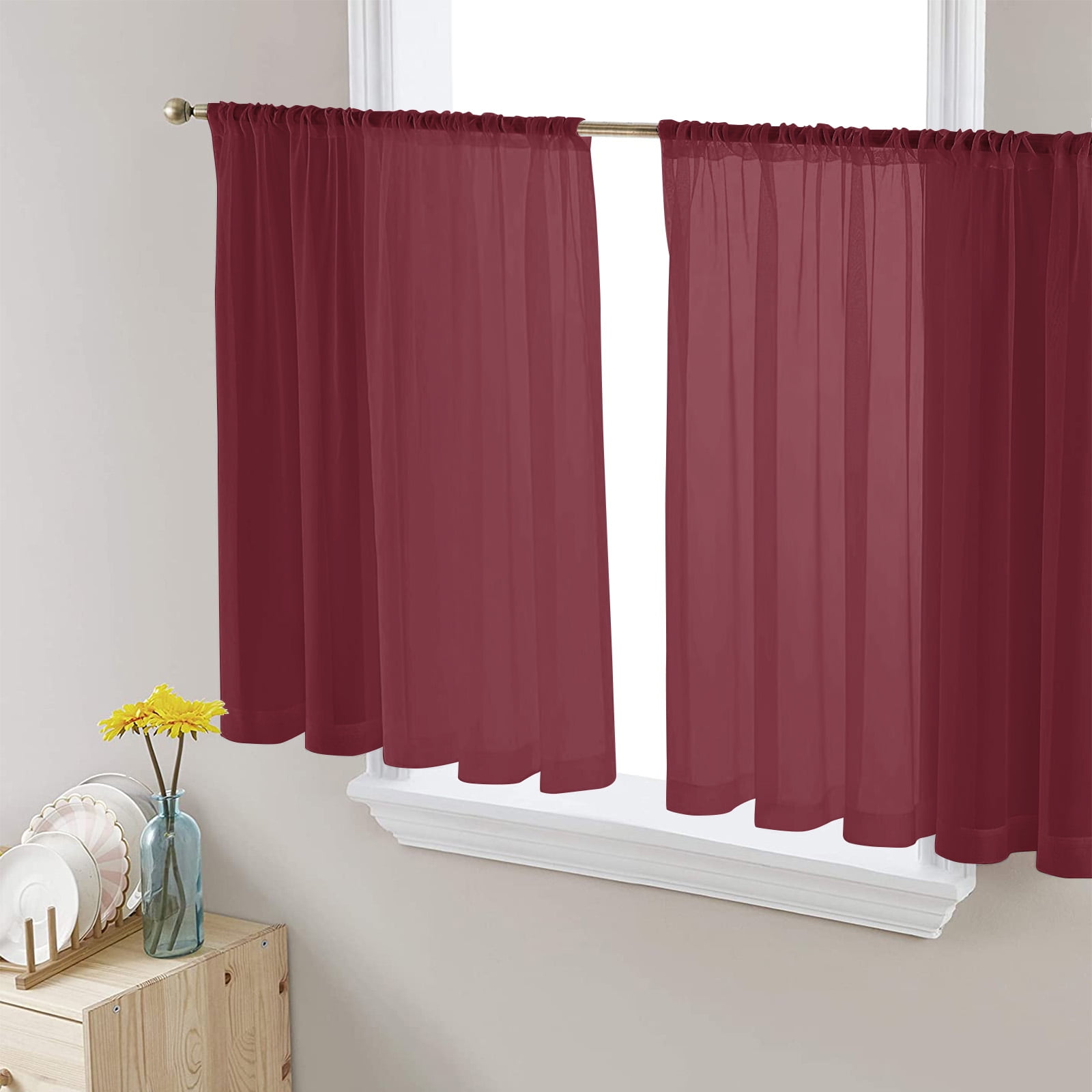 Pure Red Wine Sheer Curtains 45 Inch Length 2 Panels Set for Living ...