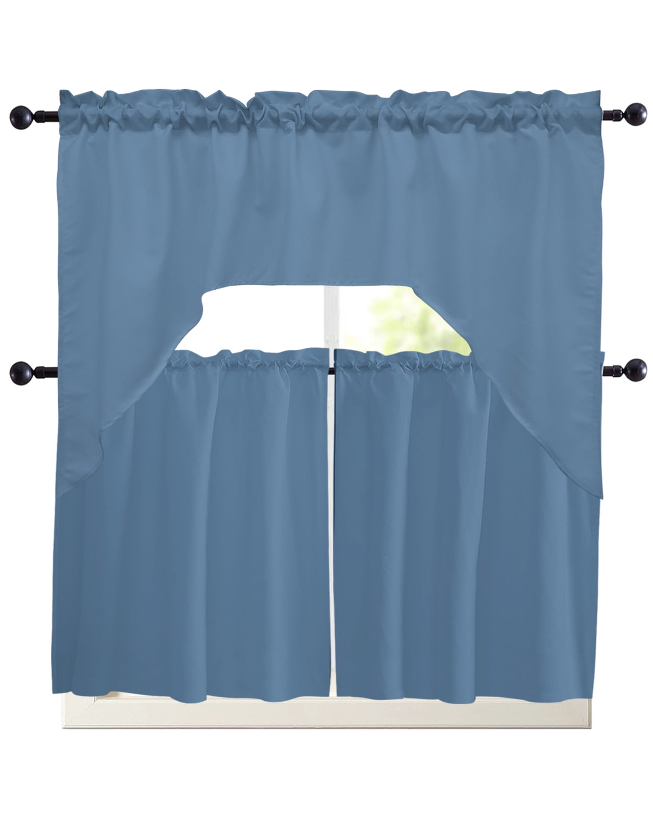 Pure Royalblue Kitchen Curtain and Valance Set 3 Pieces, Rod Pocket ...
