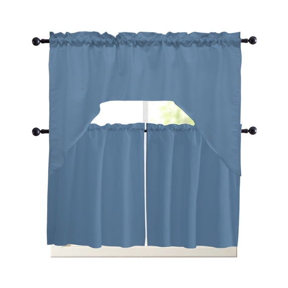 Pure Royalblue Kitchen Curtain and Valance Set 3 Pieces, Rod Pocket ...