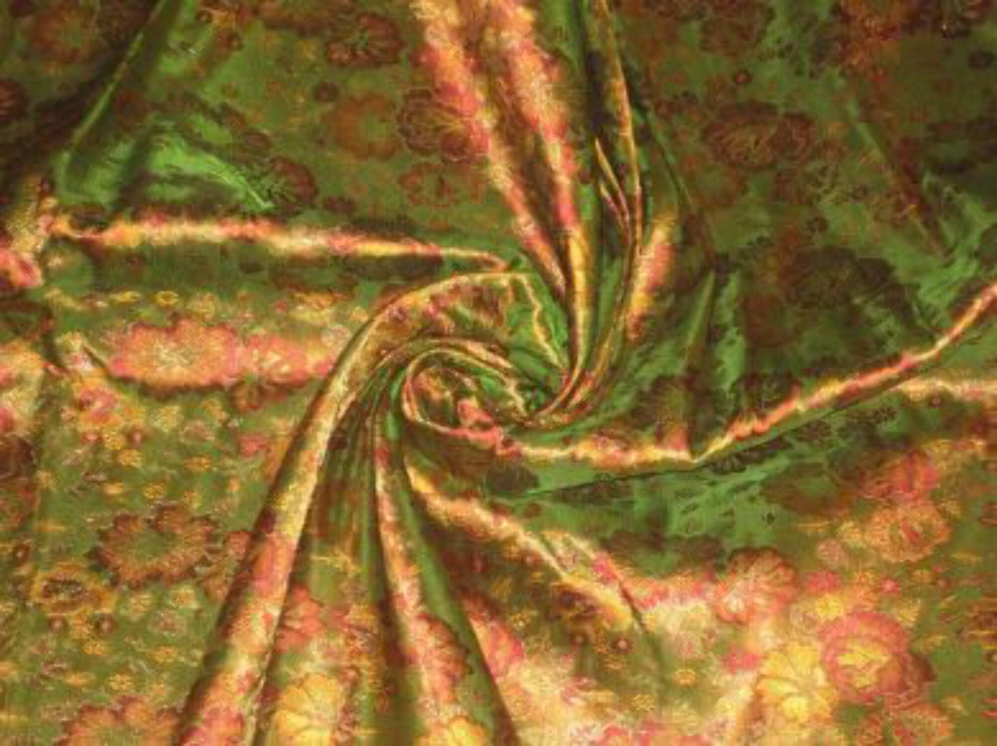 Pure Silk fabric~Width 44~Parrot Green colour with Rust and Gold floral ...