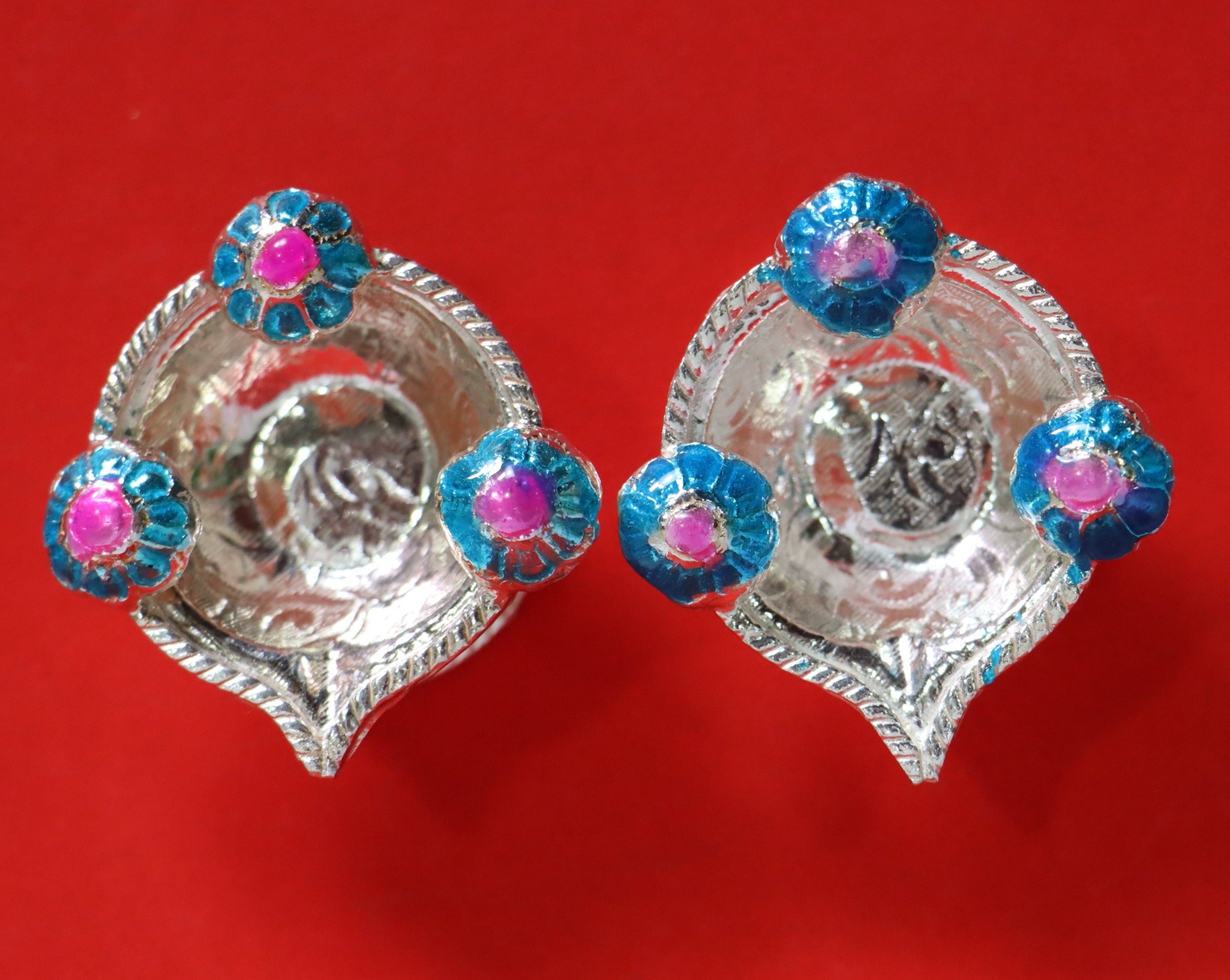 Pure Silver Fancy Diya Pair With Blue Flowers 20g, Diya for Temple ...