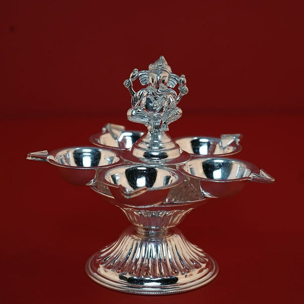 Pure Silver Ganesh Design Panchamukhi Diya 93g, Panch Aarti Lamp ...