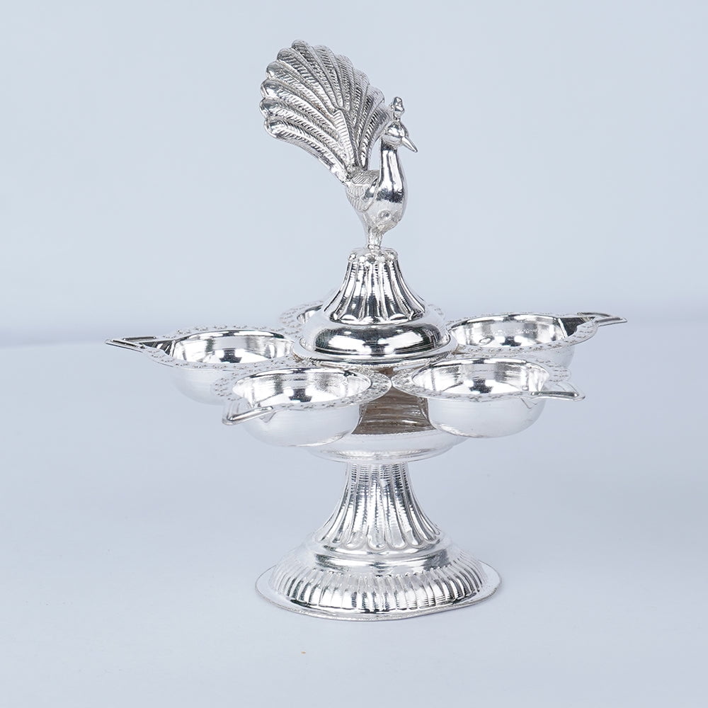 Pure Silver Panchmukhi Peacock Deepam Diya 109g, Diya for Temple ...