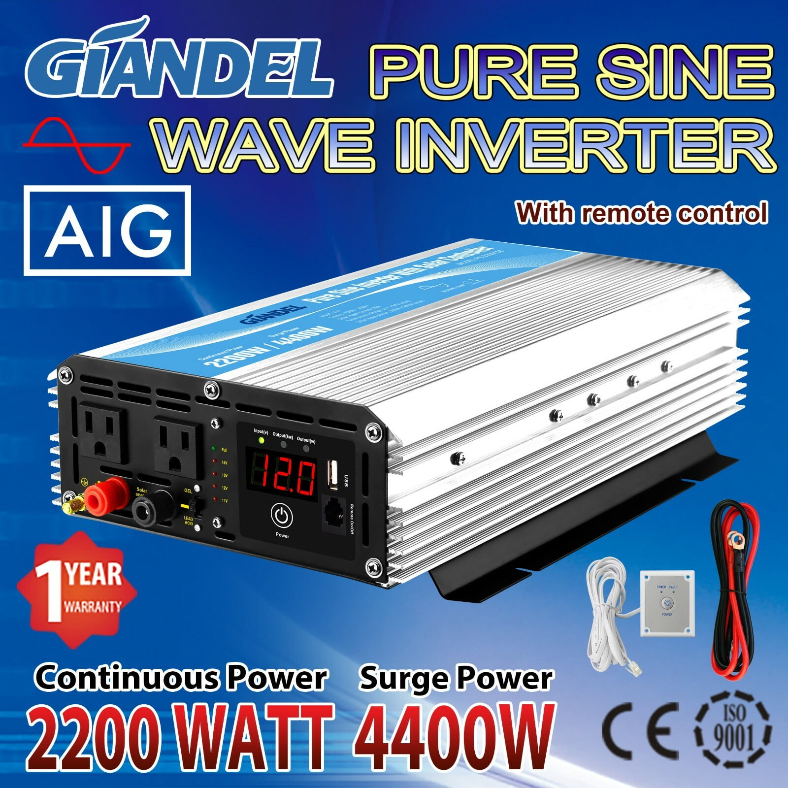 Pure Sine Power Inverter 2200W 12V/120V with 20A Solar Controller USA ...