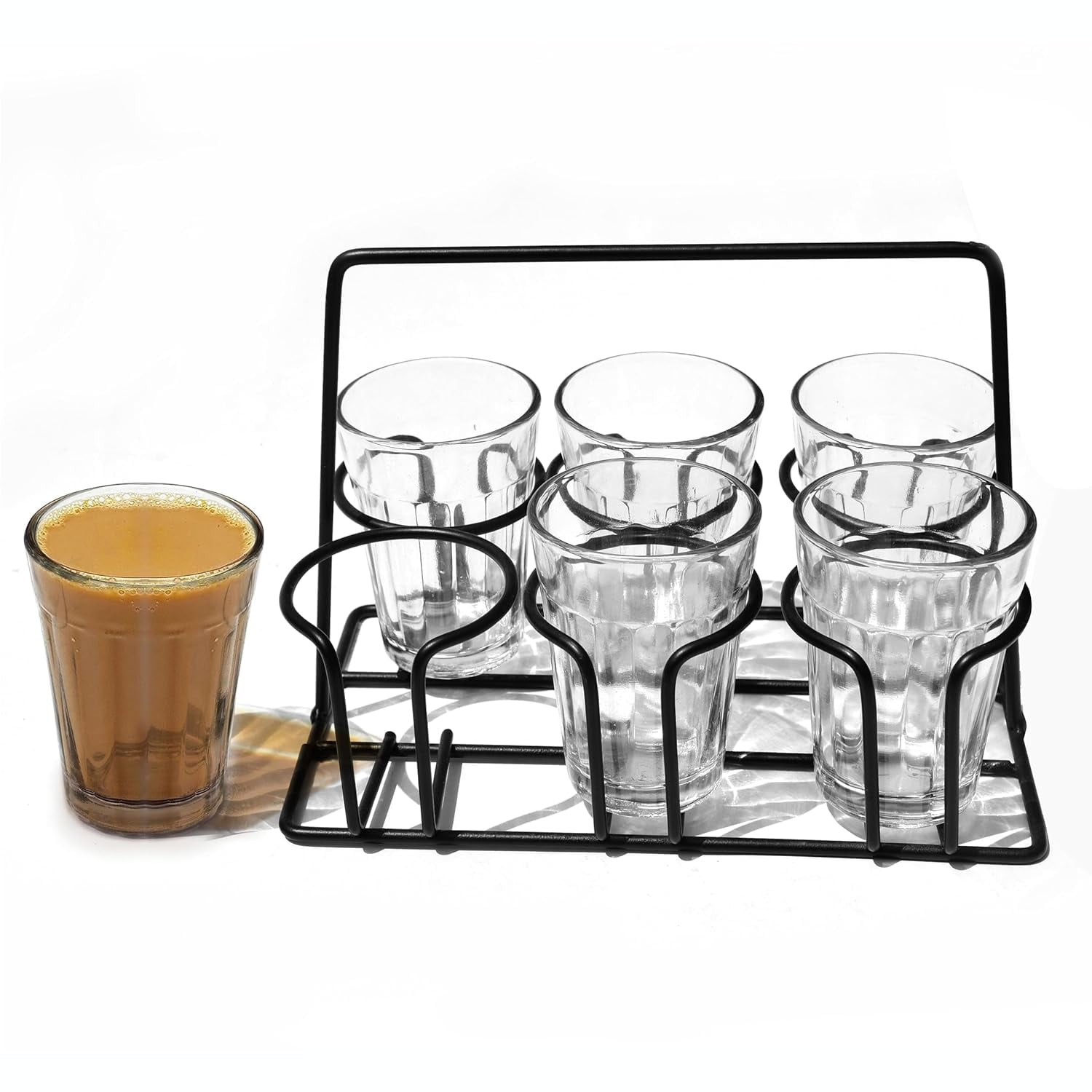 Pure Source India Cutting Chai Glasses with Iron Stand Tea Glass Set of ...