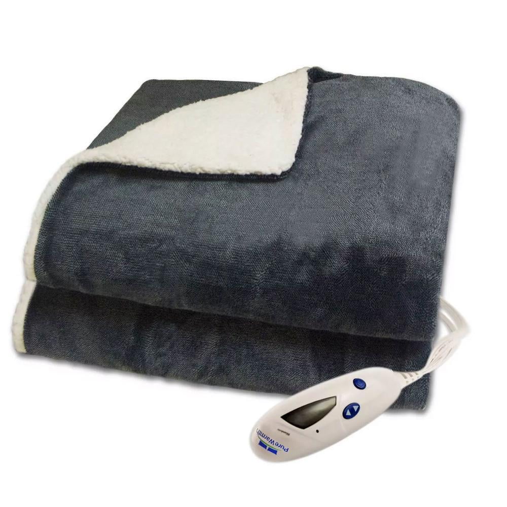 Pure Warmth Velour Sherpa Electric Heated Warming Throw Blanket Heather ...