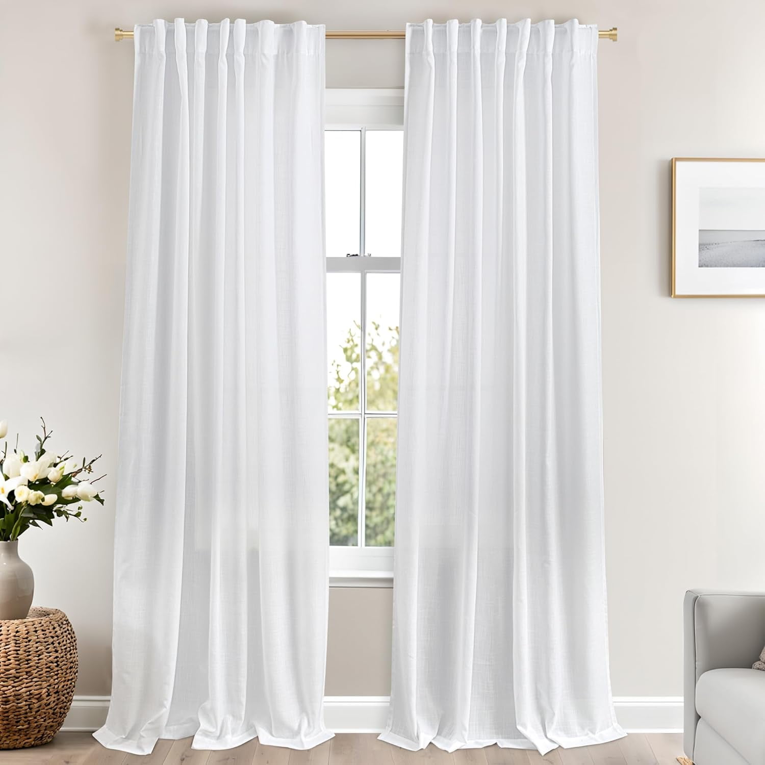 Pure White Back Tab Linen Textured Curtains 120 Inch Length for Living ...