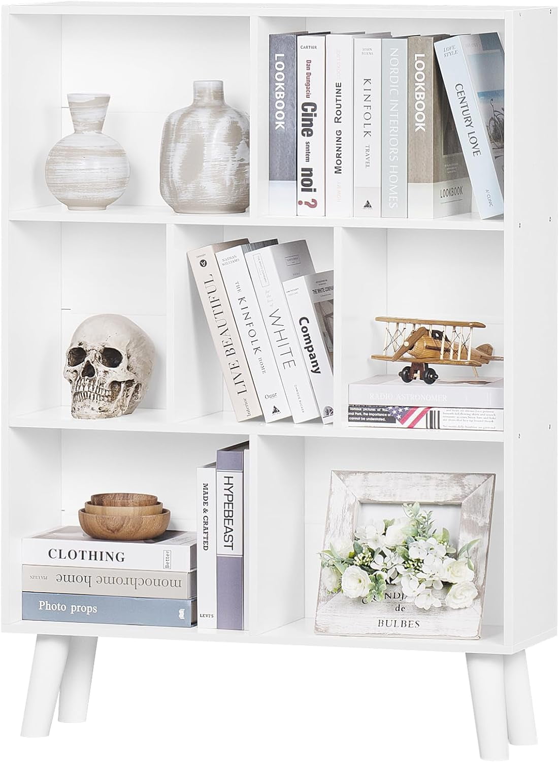 Pure White Bookshelf,3 Tier Book Shelf with Legs, 7 Cube Simple ...