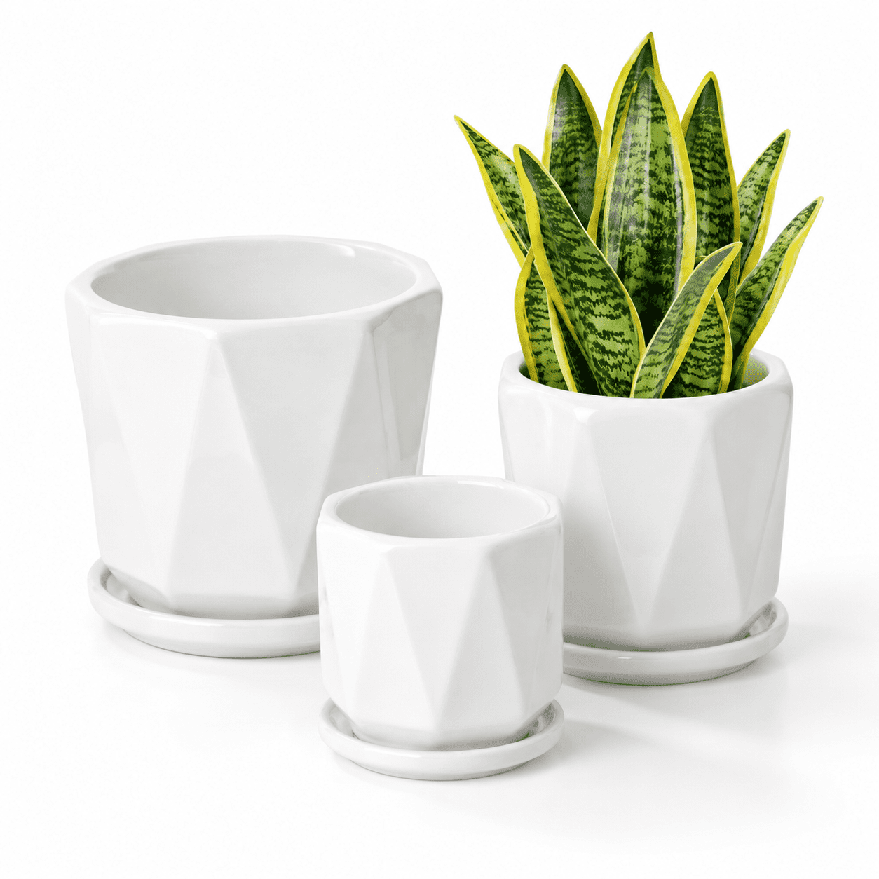 Pure White Ceramic 3-Piece Indoor Plant Pot Set With Drainage Saucers ...