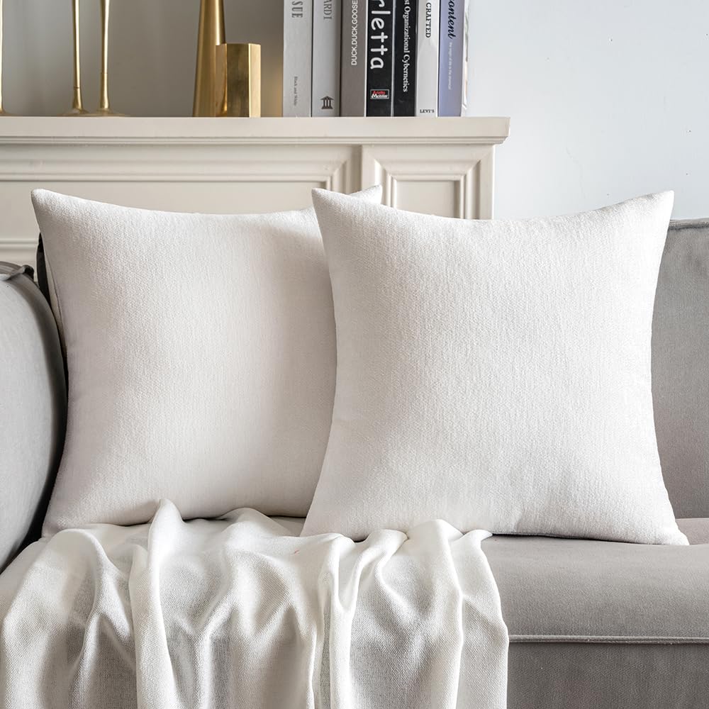 Pure White Chenille Pillow Covers Set of 2, 18x18 Inch Decorative Throw ...
