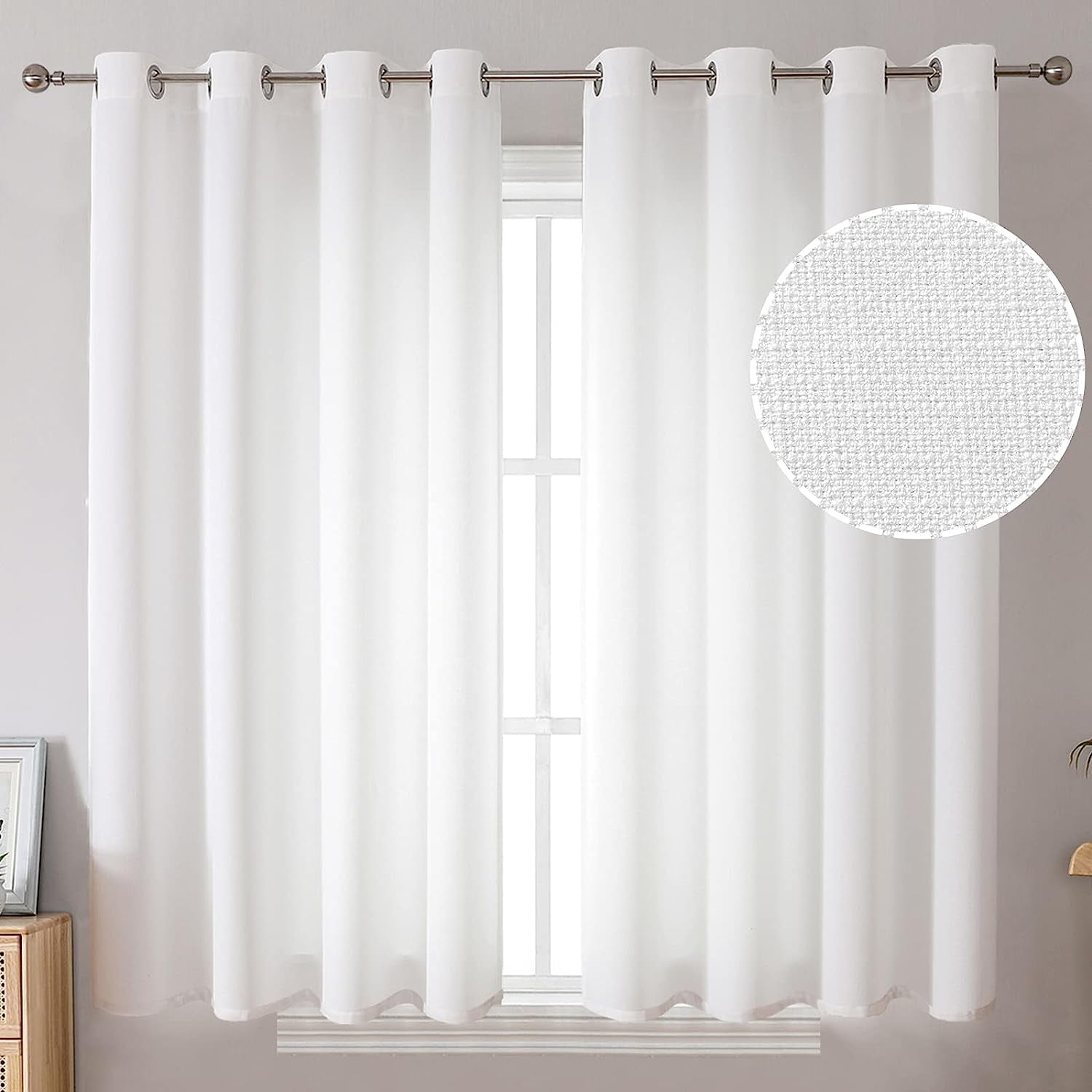 Pure White Curtains 45 Inch Length 2 Panels Set for Bedroom, Grommet ...