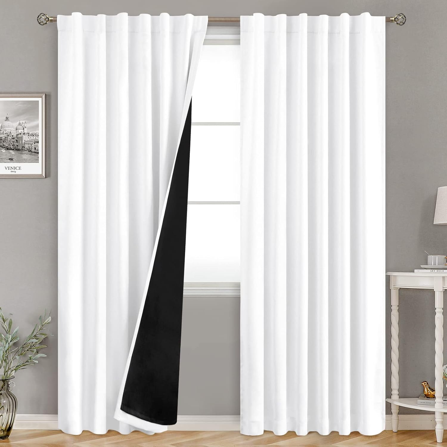 Pure White Full Blackout Curtains with Thermal Insulation Liner, 90 ...