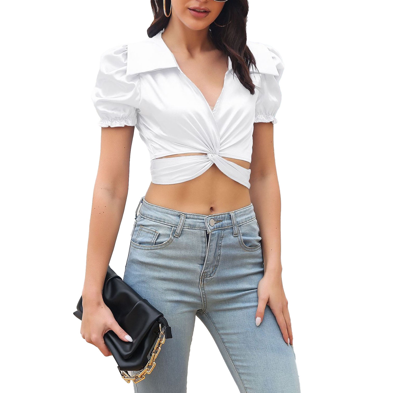 Pure White Satin Blouse with Crossover Front, Turn-Down Collar, Short ...