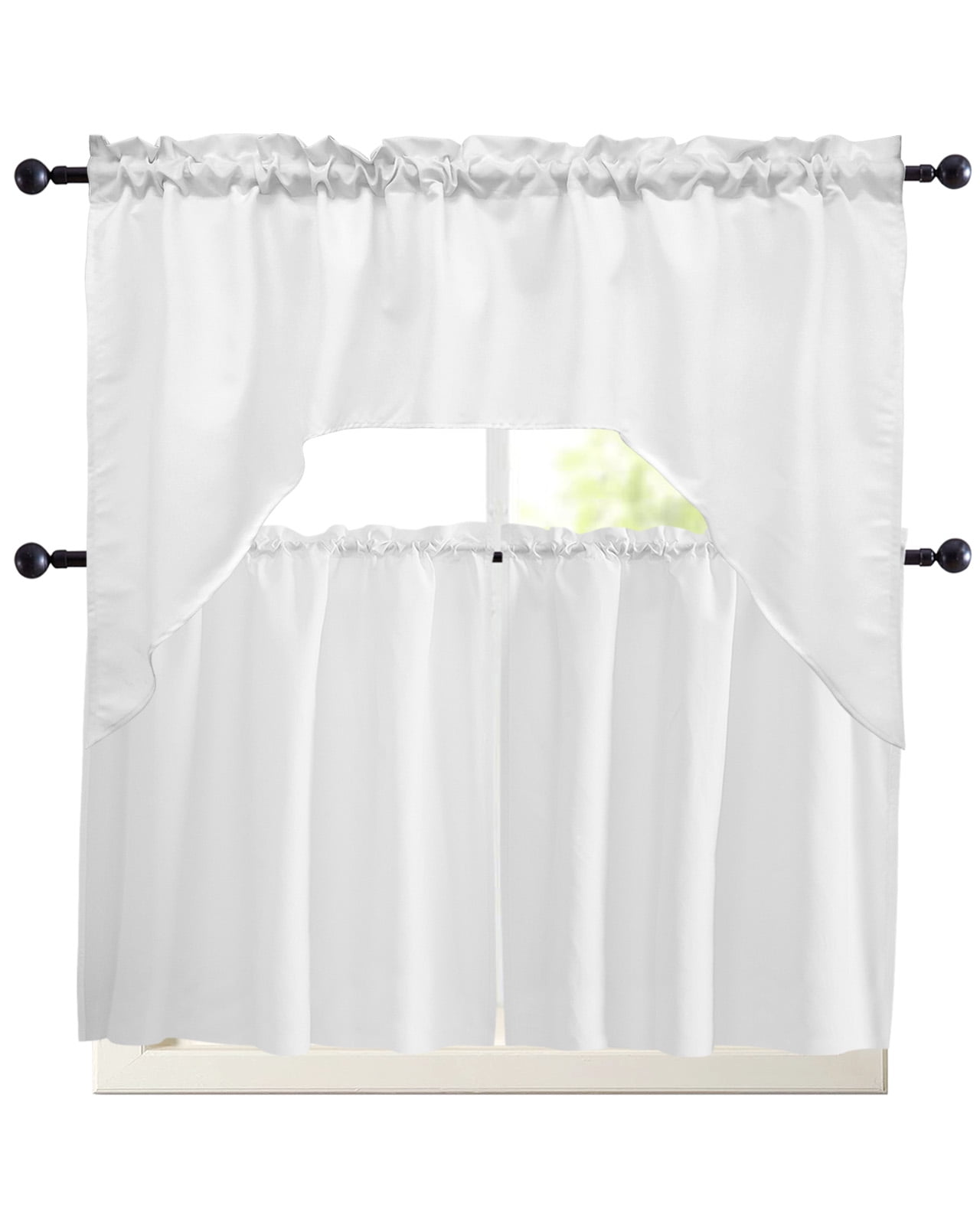 Pure White Swag Valance and Tier Curtains Set Solid Color Kitchen ...
