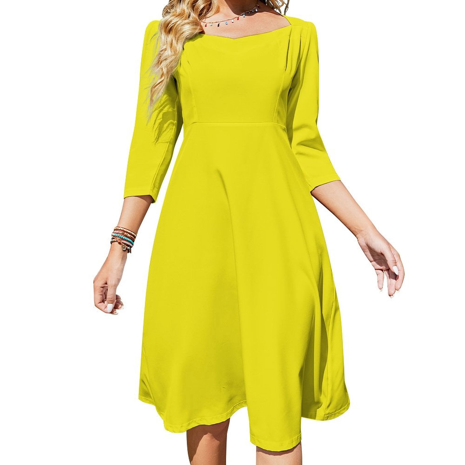 Pure Yellow Sweetheart Knot Flared Dress Fashion Design Large Size ...