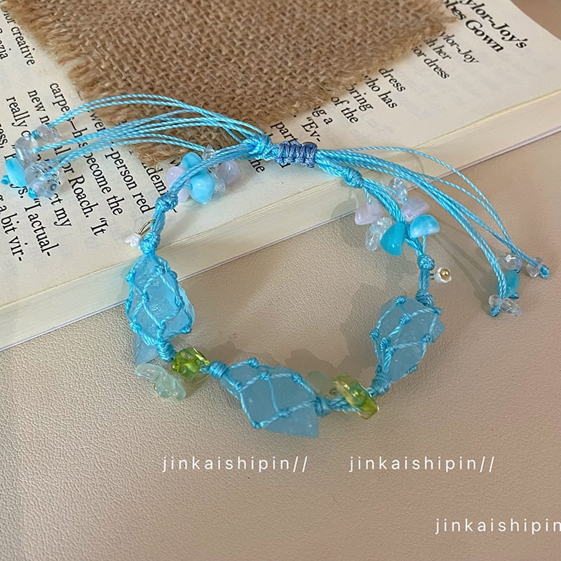 Small Flower Wreath Faux Crystal Bracelet Women Sweet Hand Rope Handmade Knitted Mesh Pocket ...