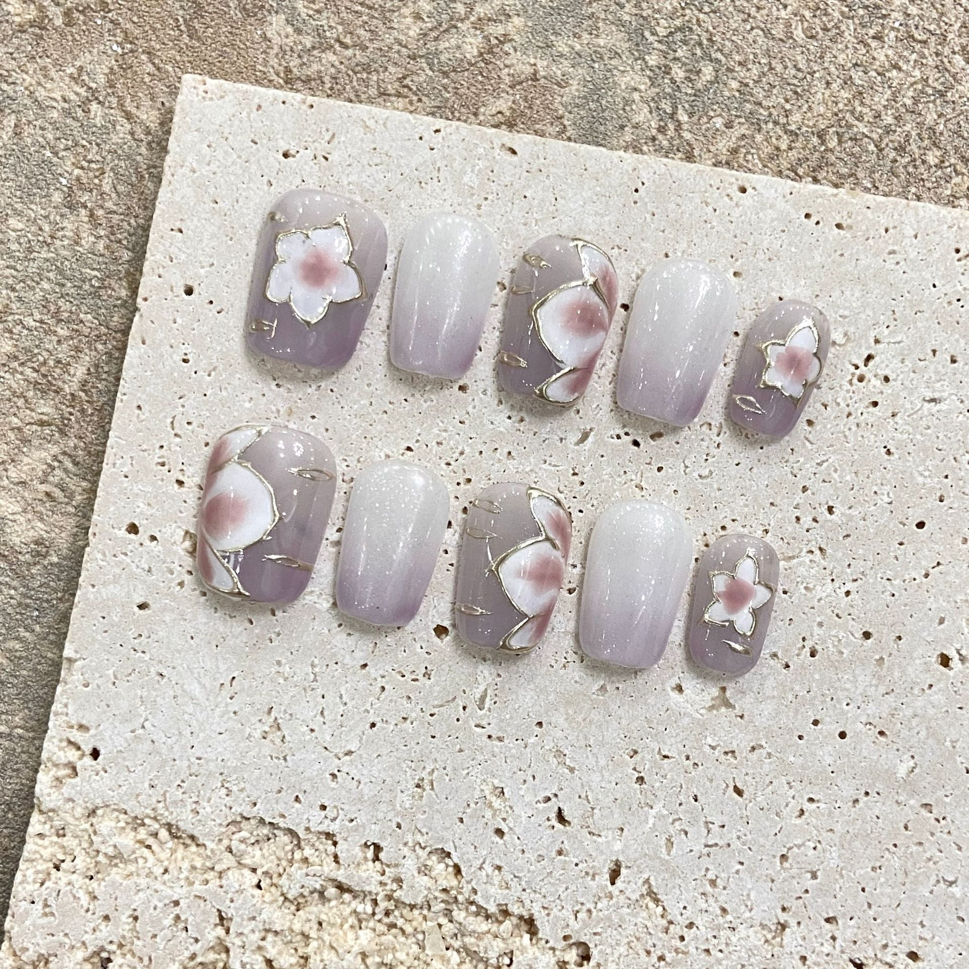 Pure handmade wearing nail short gentle purple cherry blossom versatile ...