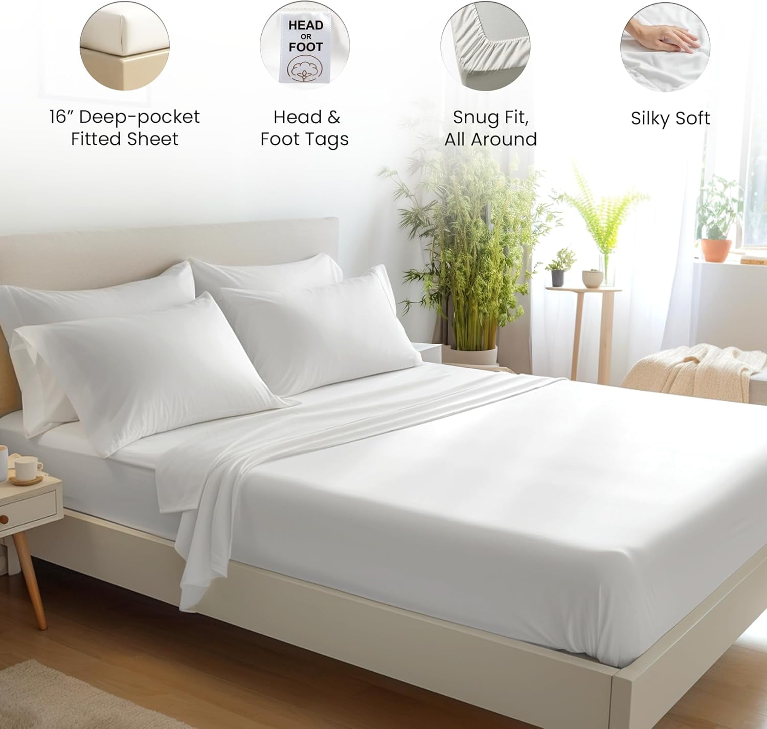 Pure white 16 inch deep pocket bedsheet with headboard and footboard markings, silky and snug ...