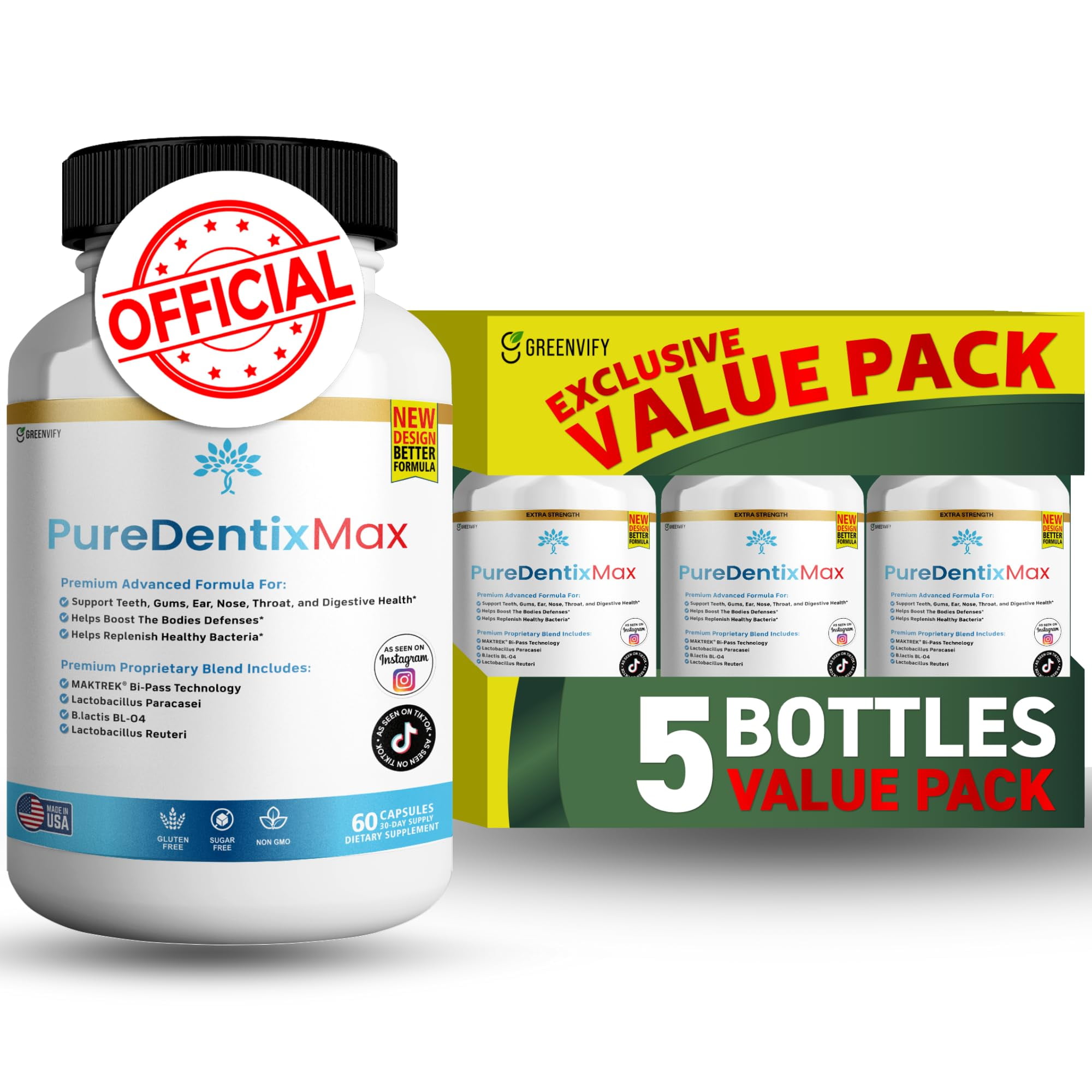 PureDentix Max Probiotic Supplement, 40 Billion CFU, 60 Capsules, Extra ...