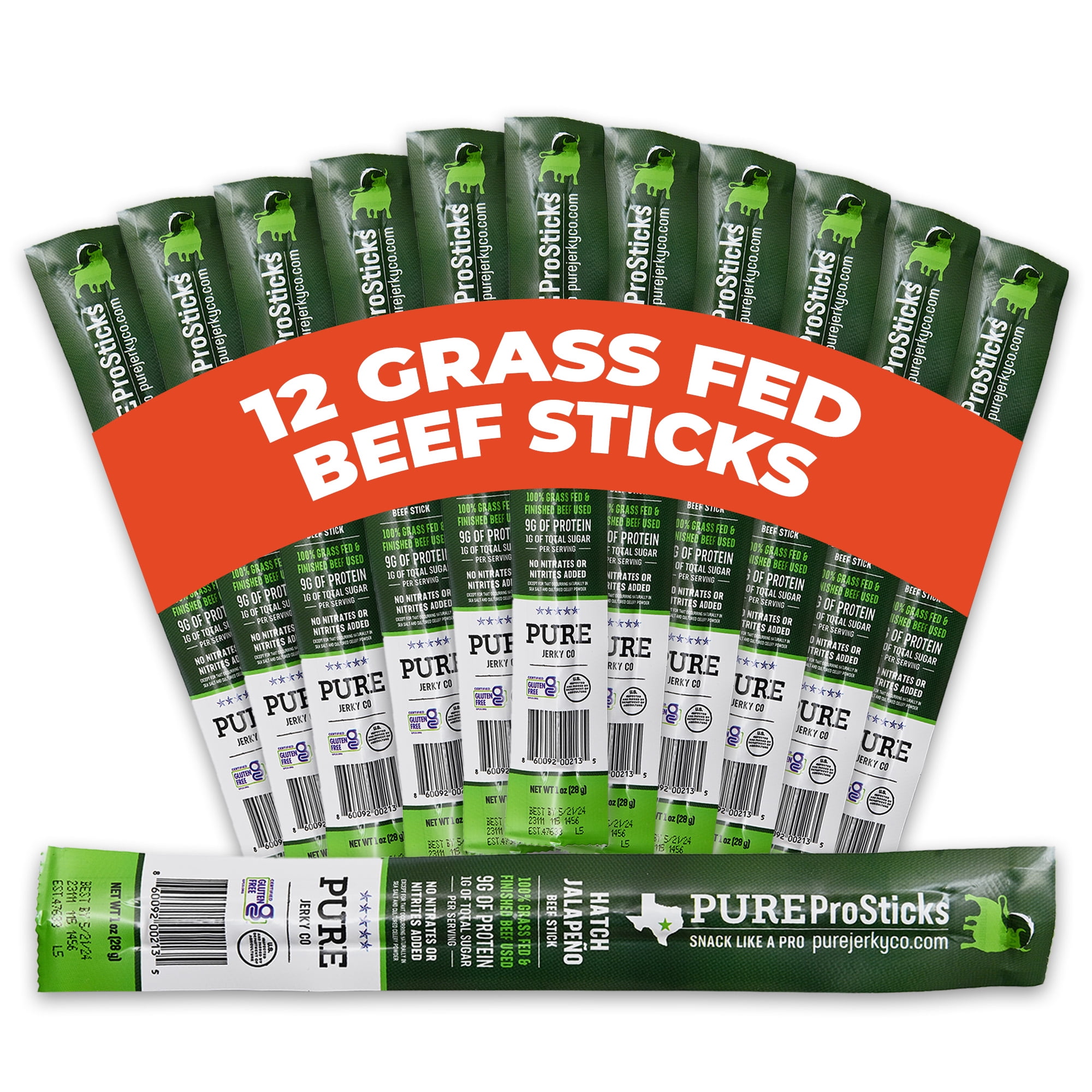 PureProSTICKS - 24 pack of 100% Grass Fed Beef Sticks Hatch Jalapeño ...
