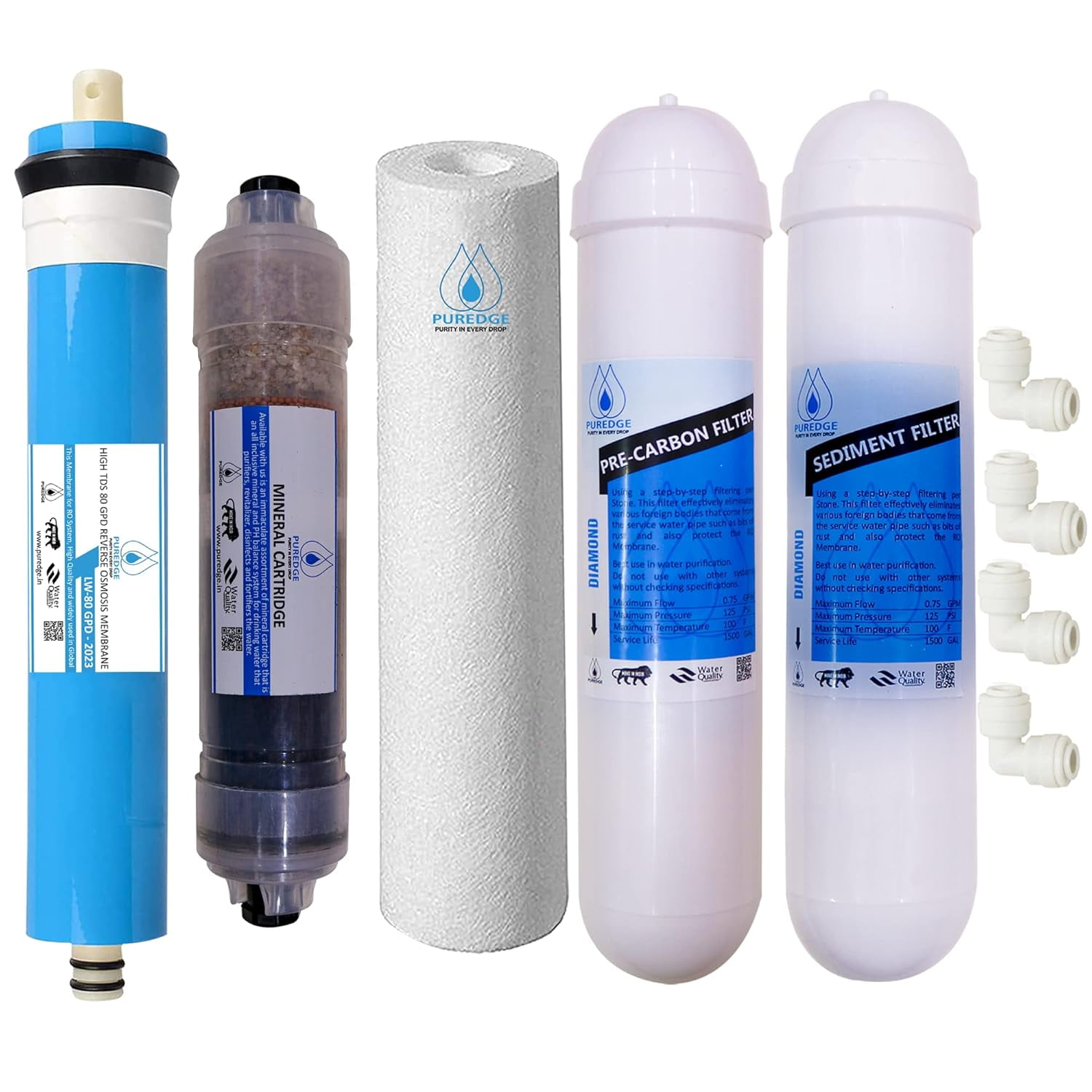 Puredge Sediment Carbon Filter Inline Filters Set with 80 GPD High TDS Membrane 8inch Mineral ...
