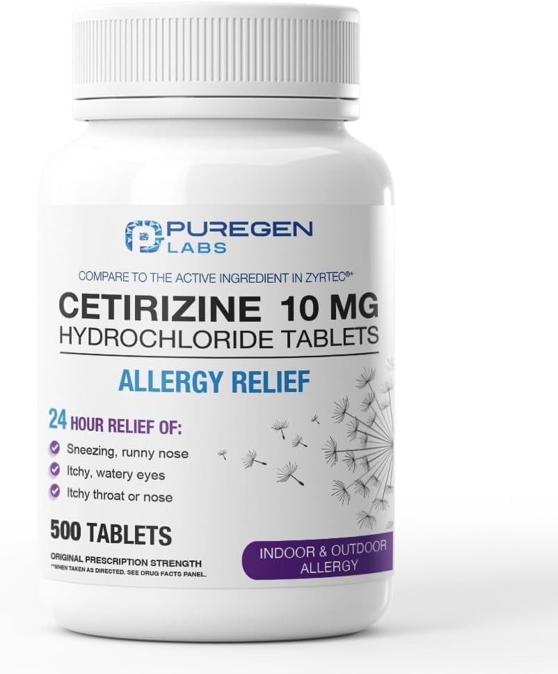 Puregen Labs 24-Hour Allergy Relief, Cetirizine 10mg 500 Tablets – 24 ...