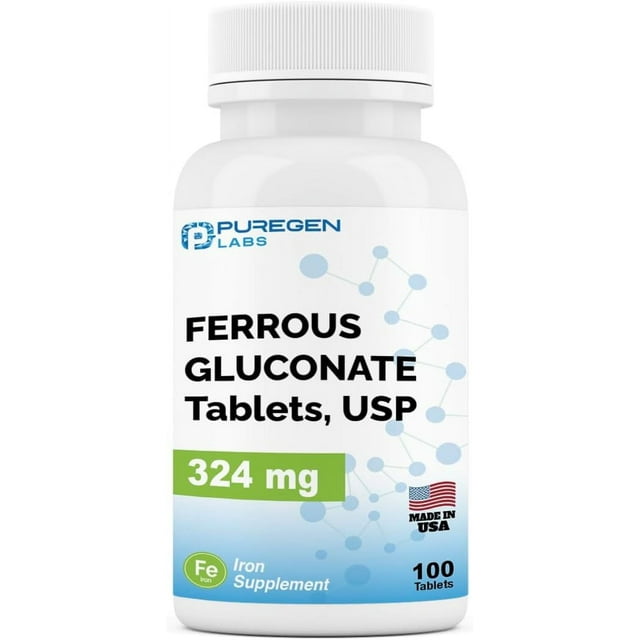Puregen Labs Ferrous Gluconate 324 mg. 100 Tablets. Iron Supplement ...