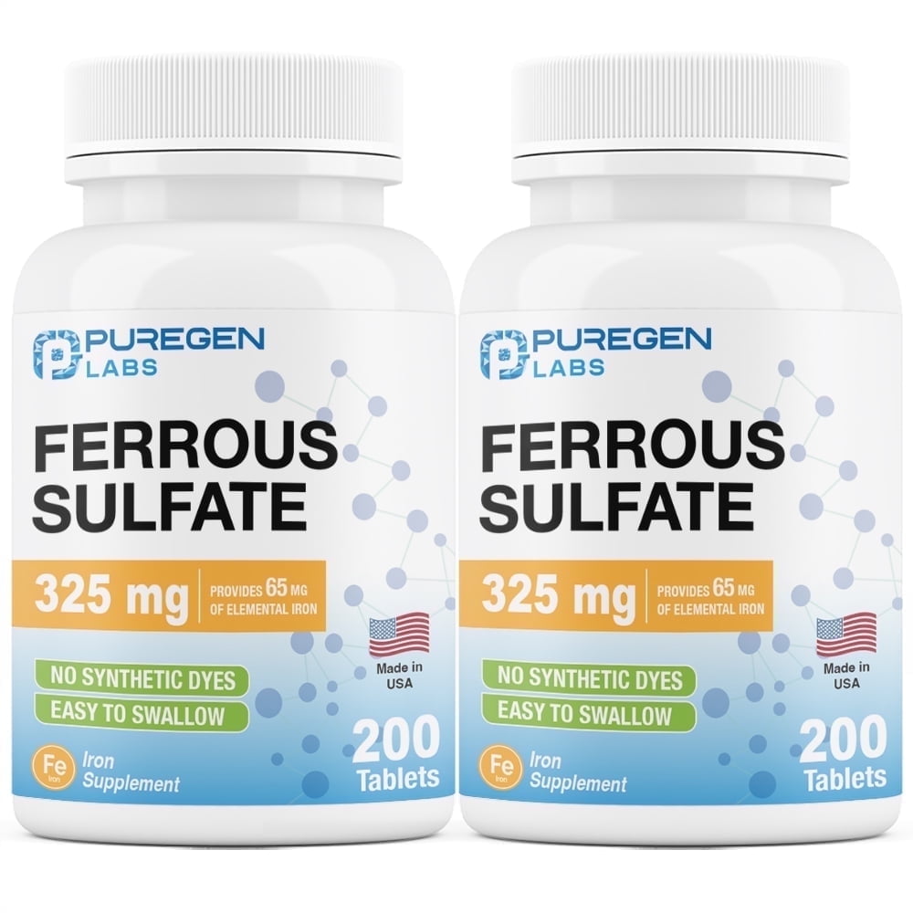 Puregen Labs Ferrous Sulfate 325 mg Tablet, 2 Pack, 200 Coated Iron ...