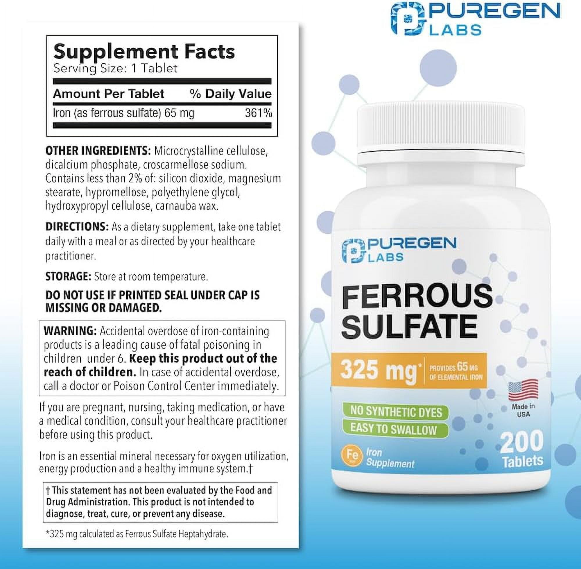 Puregen Labs Ferrous Sulfate 325 mg 200 Tablets Made in USA - Walmart.com