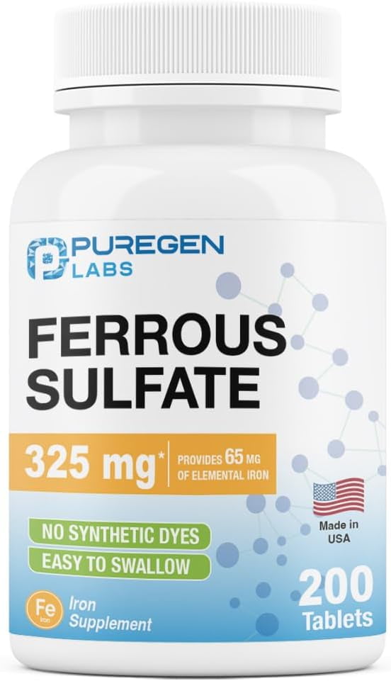 Puregen Labs High Potency Iron Supplement, Ferrous Sulfate 325 mg, 200 ...