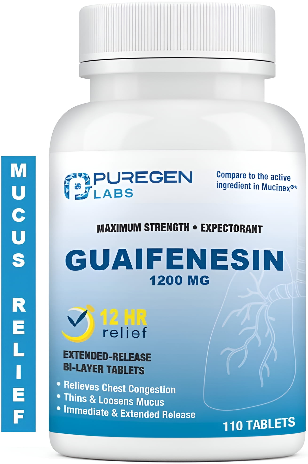 Puregen Labs Guaifenesin 1200 mg, Mucus Relief Expectorant, 110 Tablets ...