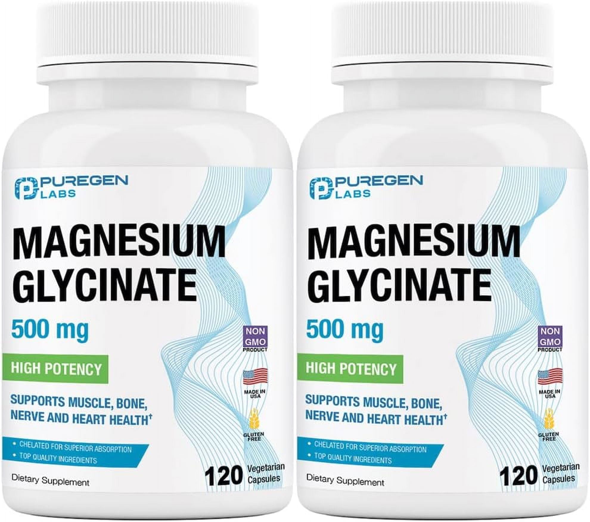 Puregen Labs High Potency Magnesium Glycinate 500mg Chelated for ...