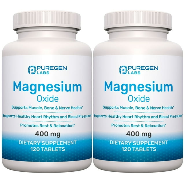 Puregen Labs Magnesium Oxide 400mg [High Potency] 120 Tablets – 2PK ...