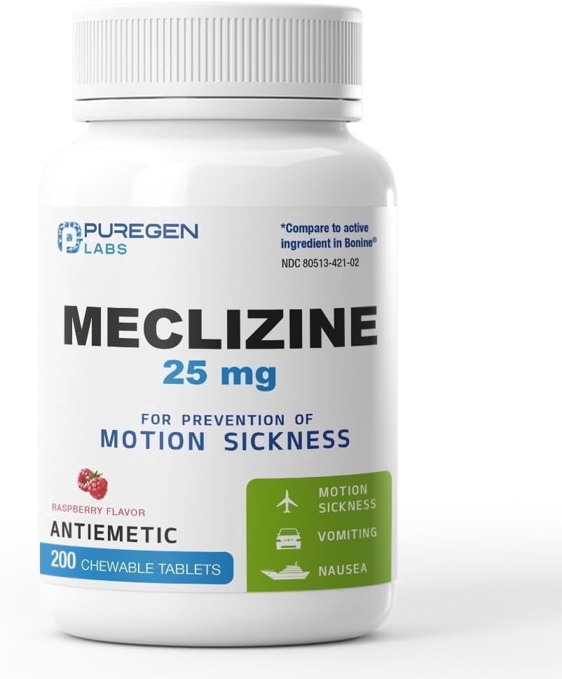 Puregen Labs Meclizine 25 mg Antiemetic Chewable Motion Sickness Relief ...