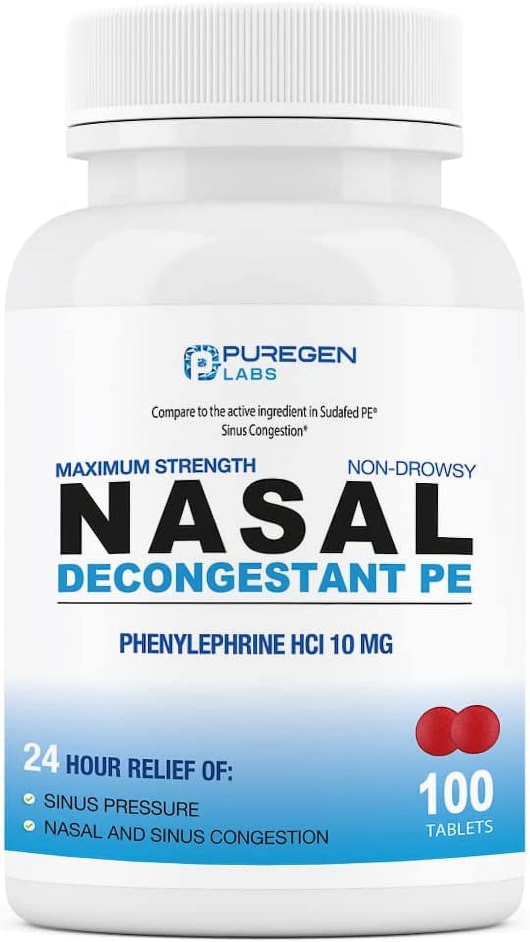 Puregen Labs Nasal Decongestant, Phenylephrine HCl 10 mg, Non-Drowsy ...