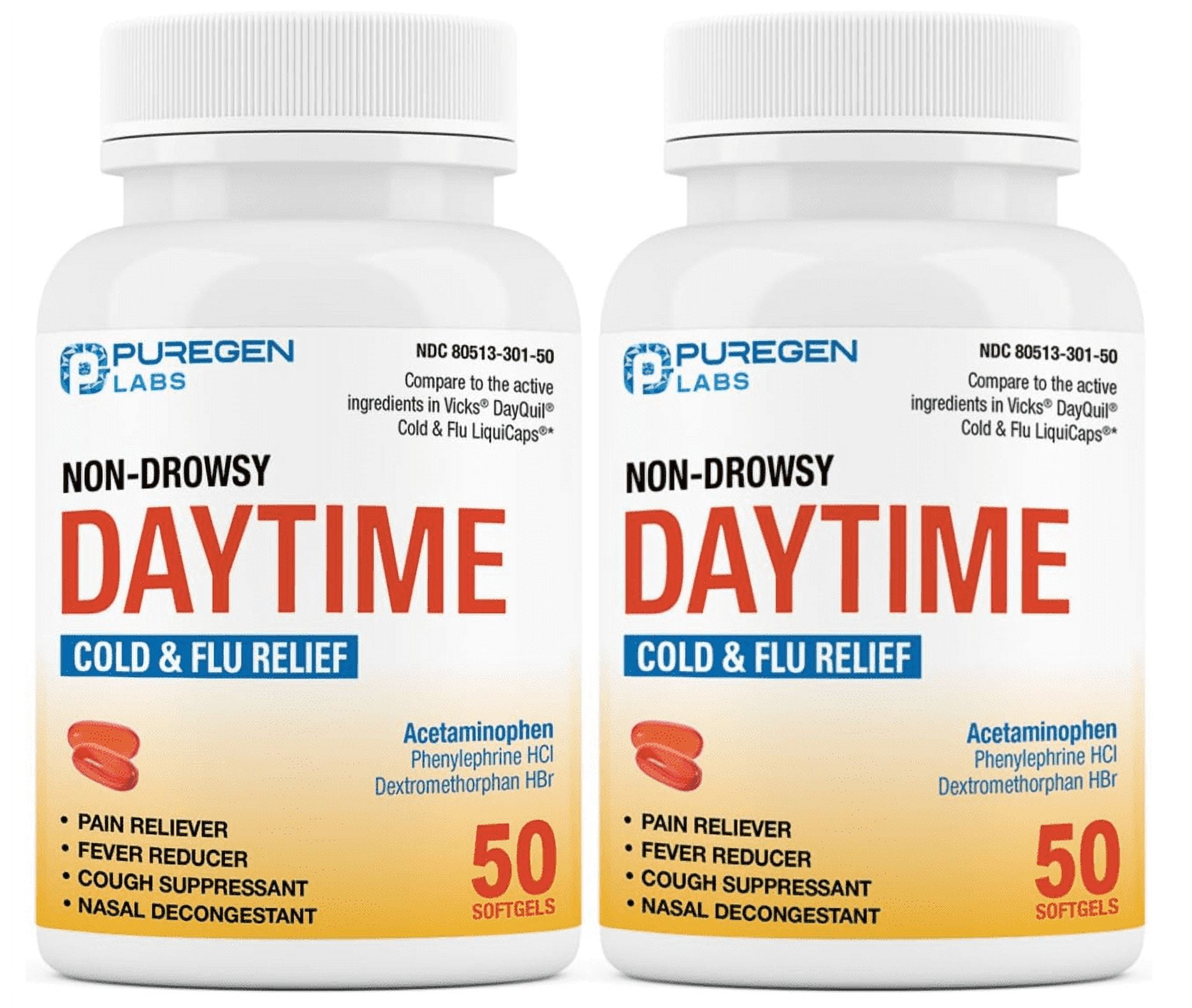 Puregen Labs Non-Drowsy Cold & Flu Multi-Symptom Relief, 50 Ct, 2-Pack ...