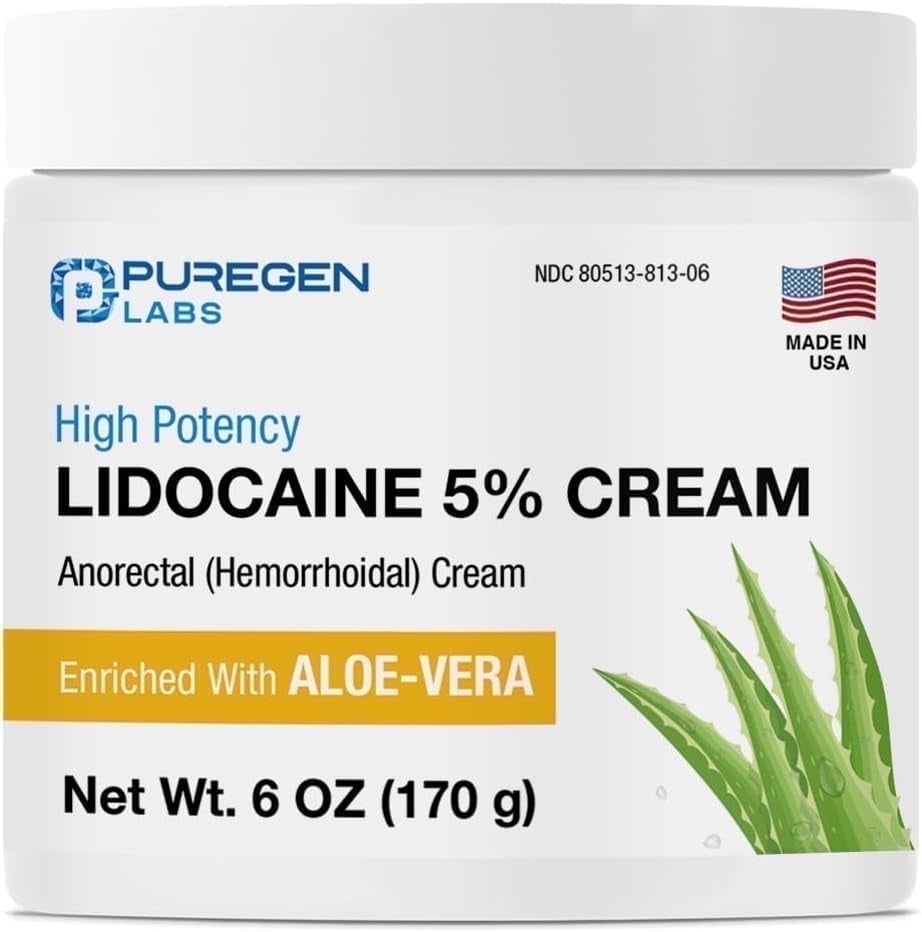 Puregen Labs Pain Relief Cream, Lidocaine 5%, 6 Oz, Topical Numbing for ...