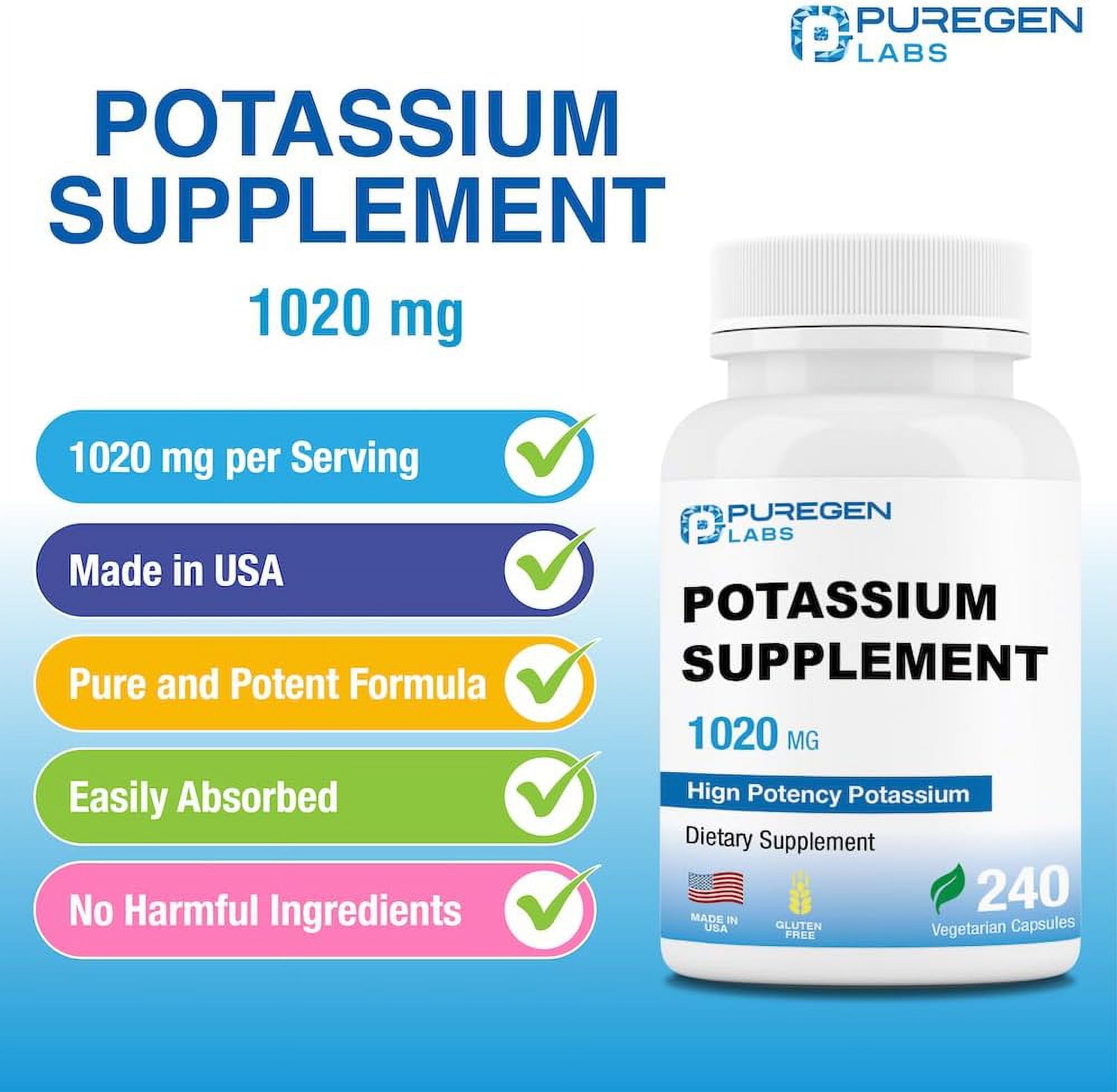Puregen Labs Potassium Supplement 1020mg. 240 Vegetarian Capsules ...