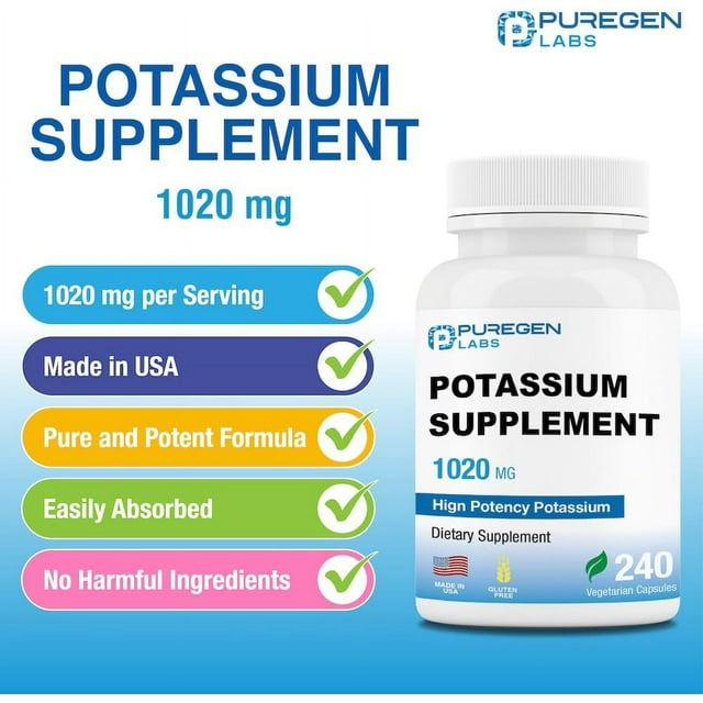 Puregen Labs Potassium Supplement 1020mg. 240 Vegetarian Capsules ...