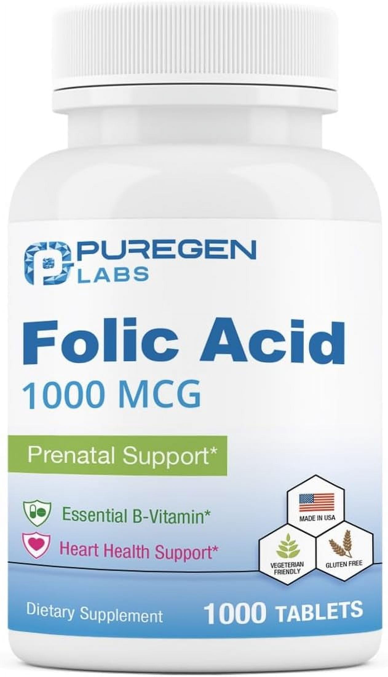 Puregen Labs Prenatal Supplement, Folic Acid Vitamin B9 1000 mcg ...