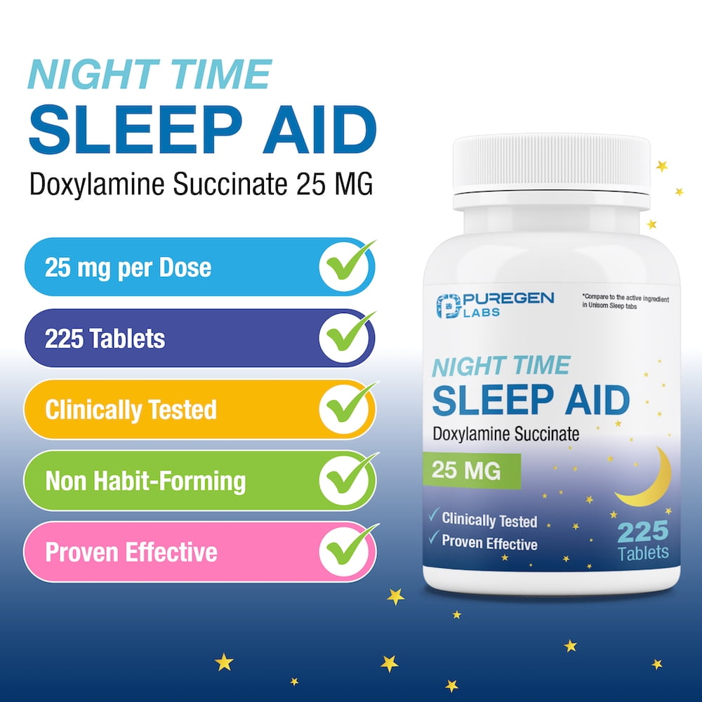 Puregen Labs Sleep Aid Doxylamine Succinate 25mg Non-Habit Forming (225 ...