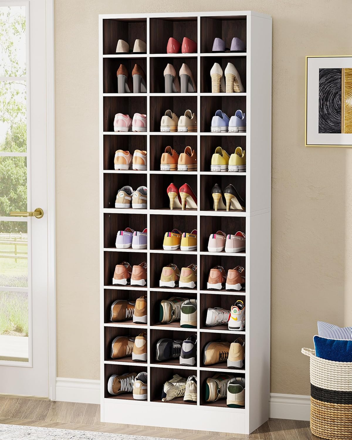 PurelyGoods 10-Tier Shoe Storage Cabinet, White and Brown Wooden Shoe ...