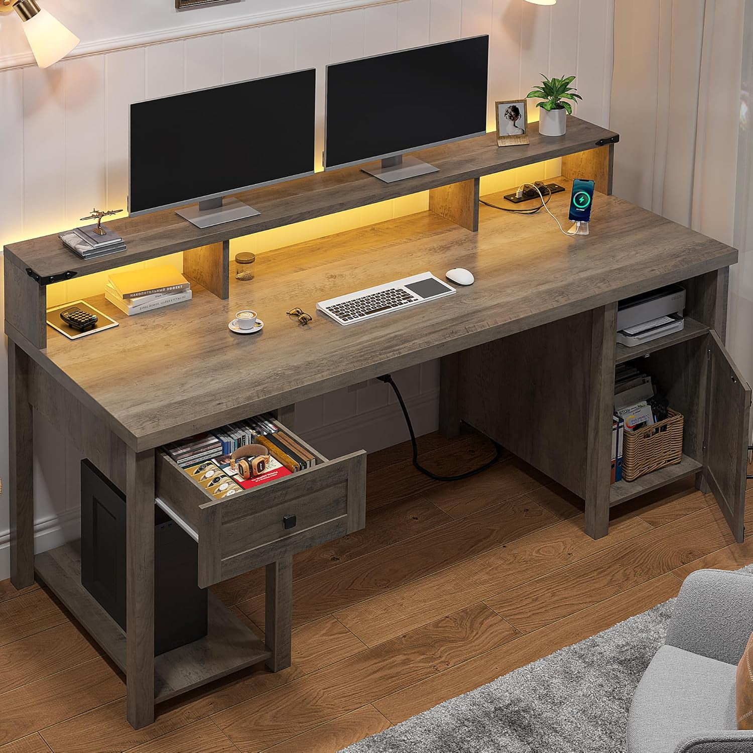 PurelyGoods 55" Office Desk with Drawers,Farmhouse Desk with Power ...