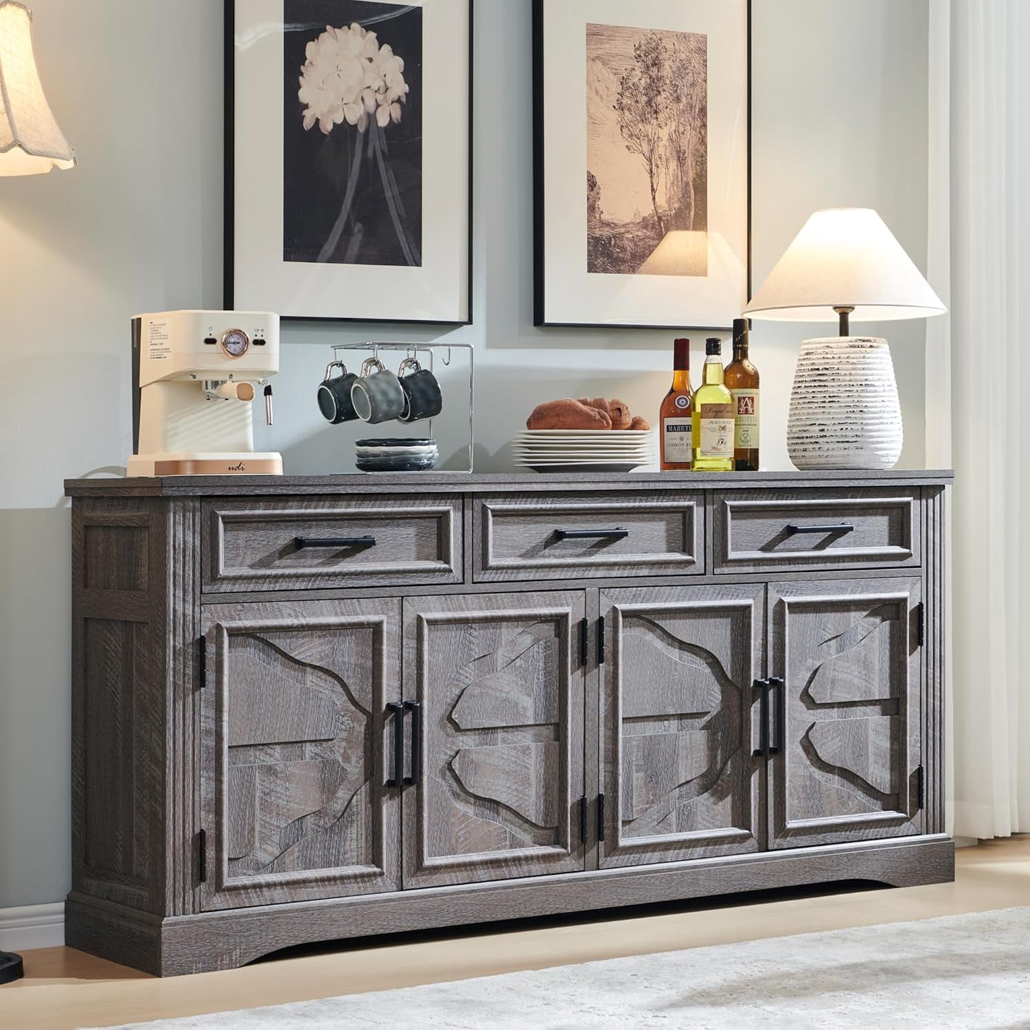 PurelyGoods 66" Large Buffet Sideboard Cabinet with 4 Doors and 3 ...