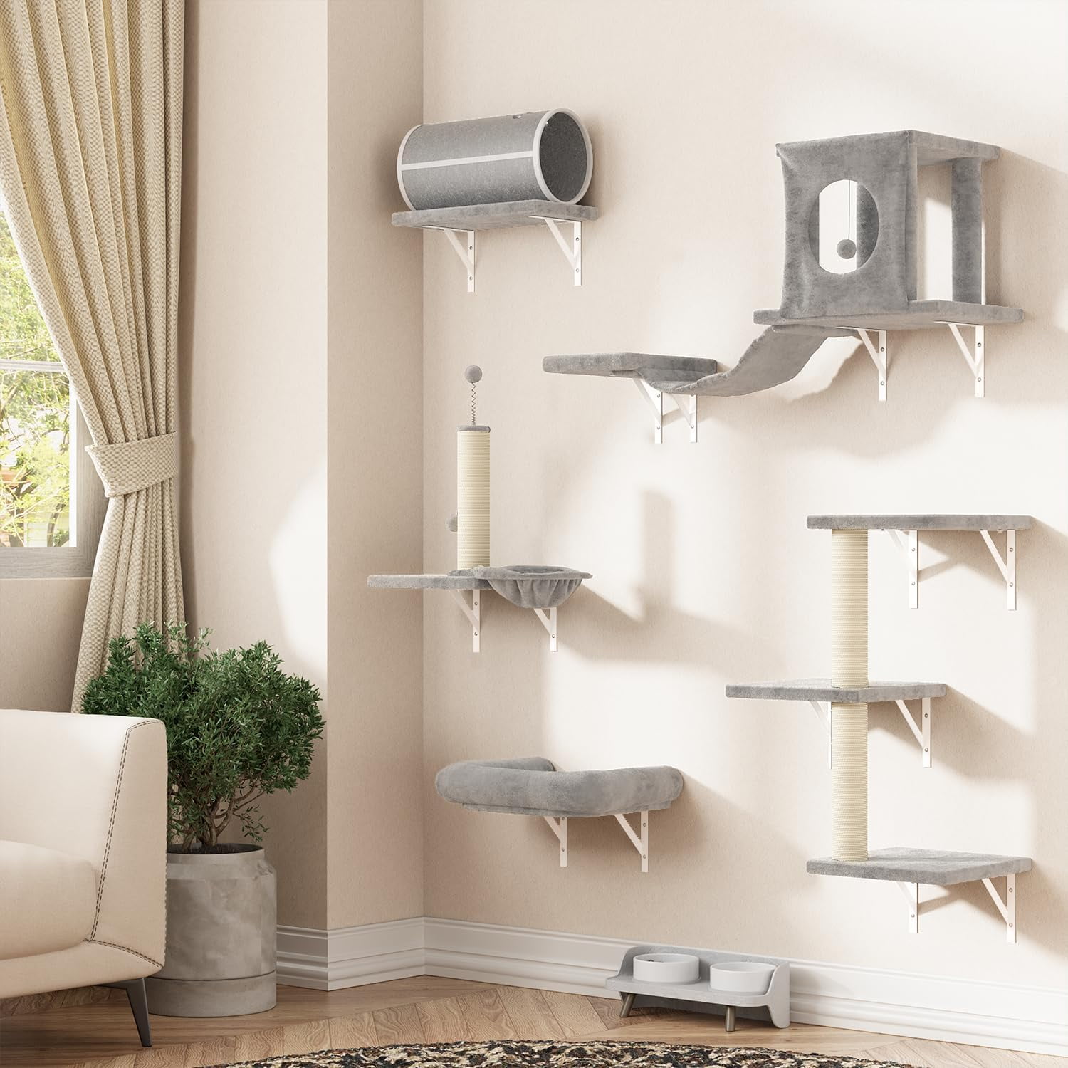 PurelyGoods 7-in-1 Wall Mounted Cat Climber Set, Cat Furniture Set with House, Tunnel, Bridge ...