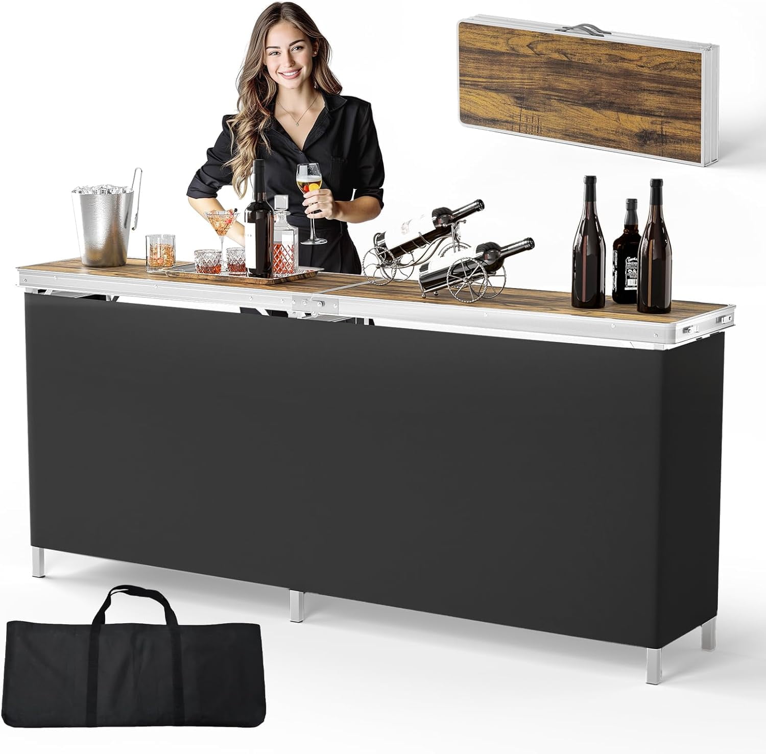 PurelyGoods 78" Portable Bar Table, 2-Tier Shelves, Mobile Bar Table ...