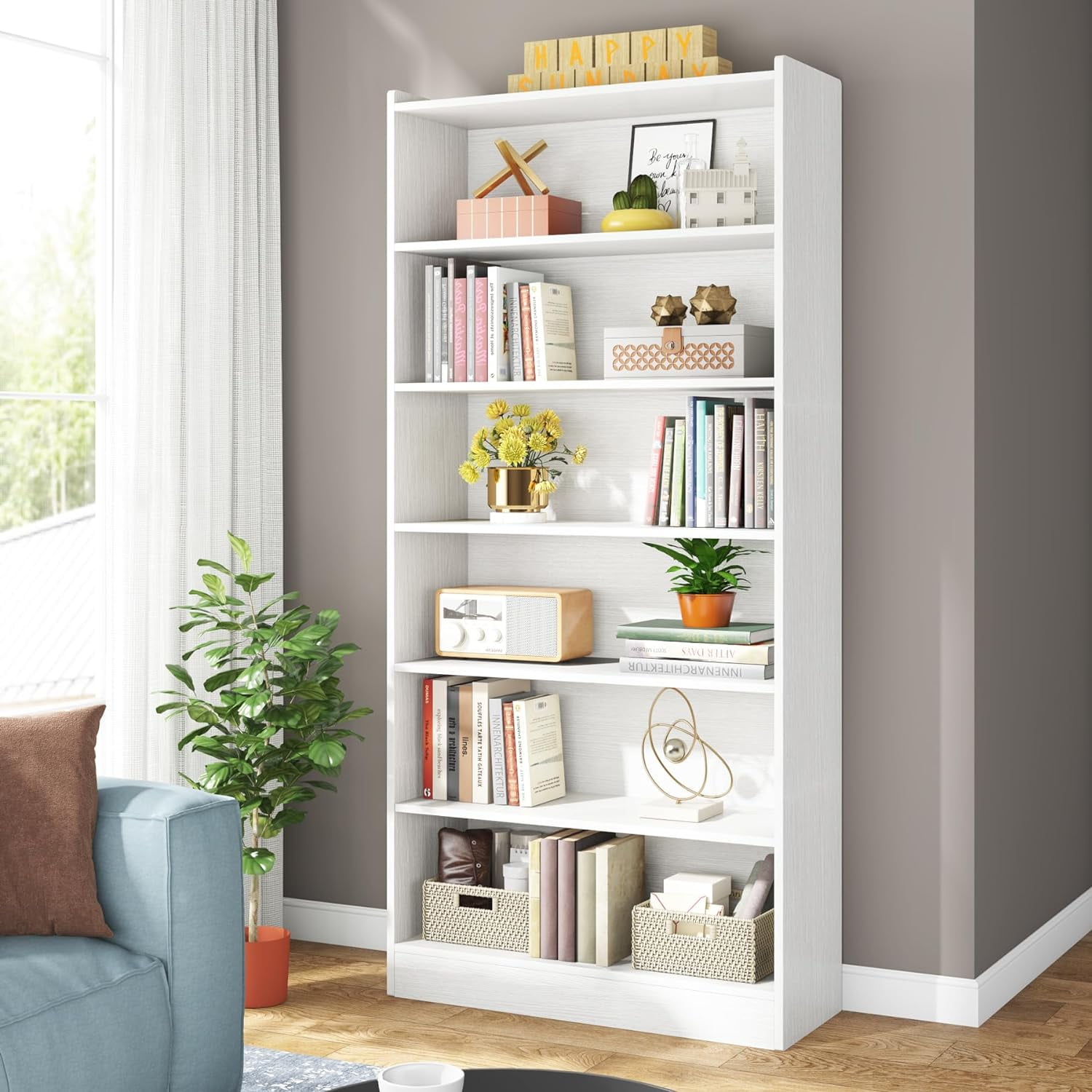 PurelyGoods 78-inch Tall Bookcase, Modern 7-Tier White Library ...