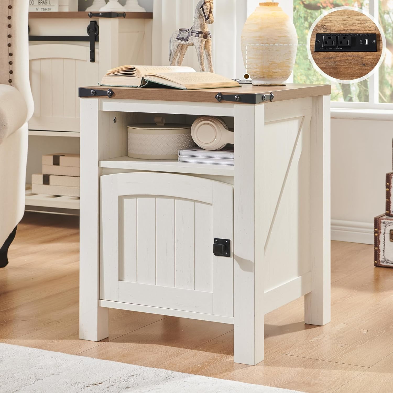 PurelyGoods Farmhouse End Table with Charging Station, 18" Rustic ...